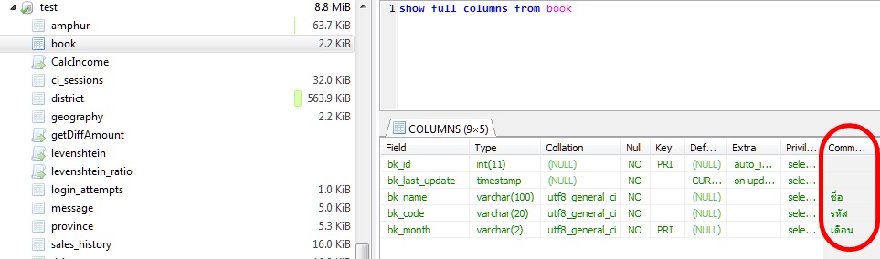 คำสั่ง SQL สำหรับแสดงข้อมูลโครงสร้างตารางใน MySQL