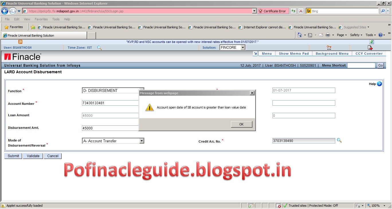 Solution for the Rd disbursement error -"account open date of SB ...