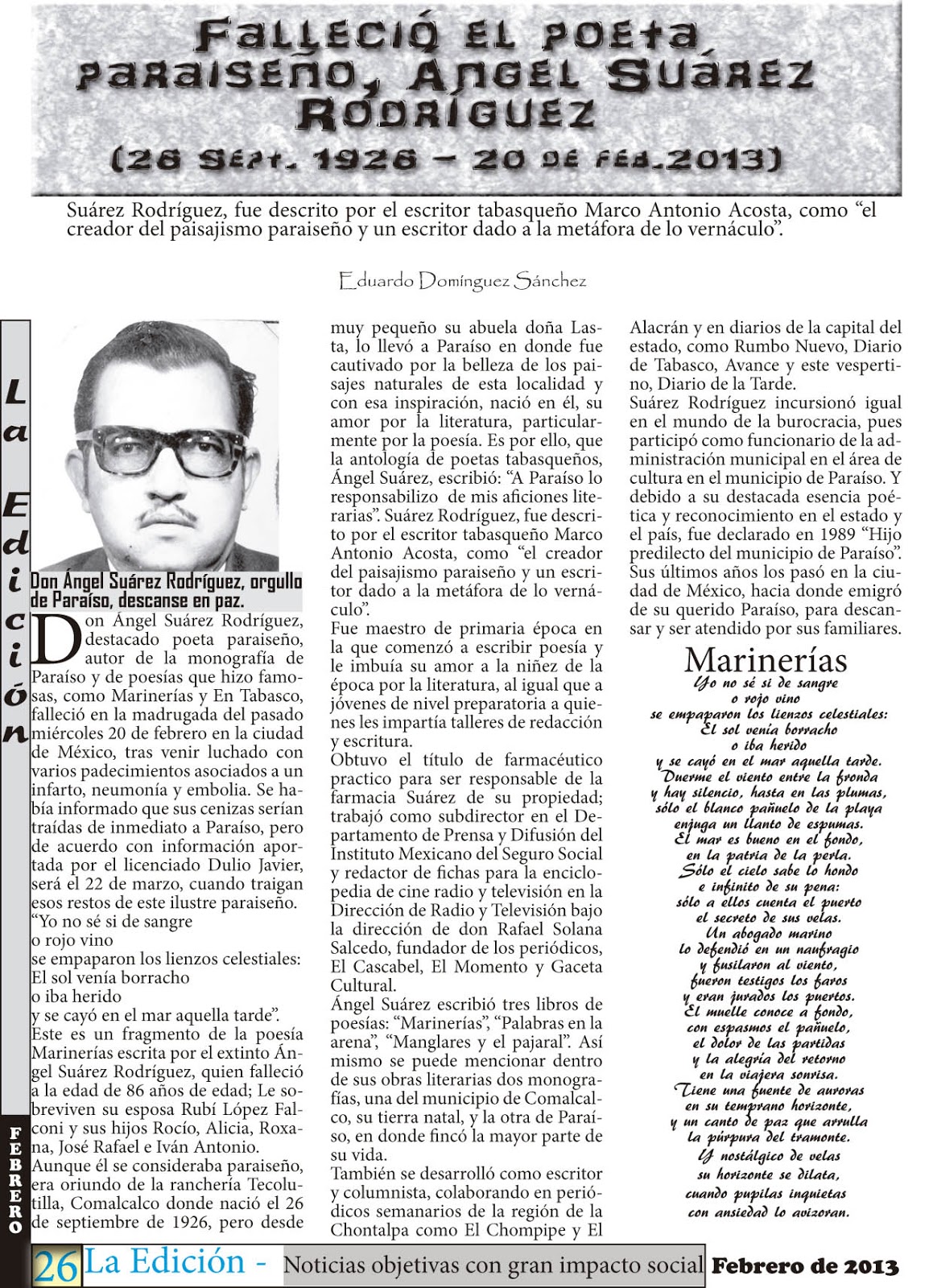 La Edición: FALLECIÓ EL POETA PARAISEÑO, ÁNGEL SUÁREZ RODRIGUEZ