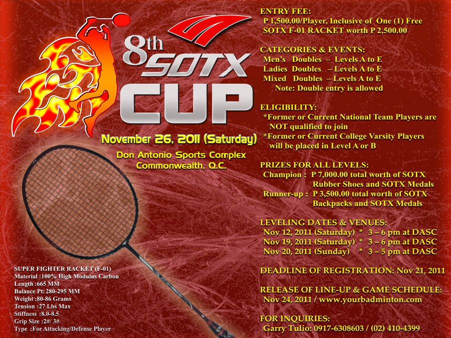 Love Ko Badminton: 8th SOTX Cup (with Free SOTX Racket) at Don Antonio ...