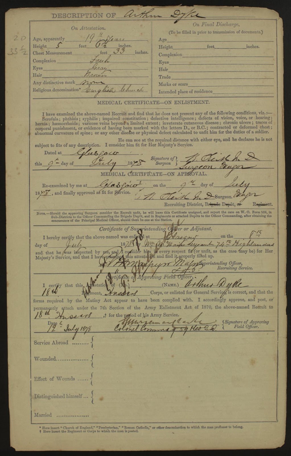 Army Forms & Attestations: WO Form 498 - Attestation 1878