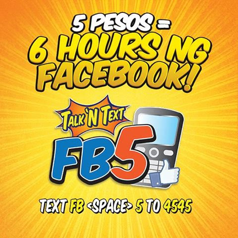 Talk N Text FB 5 promo gives you 5 hours Facebook Access for 5 pesos