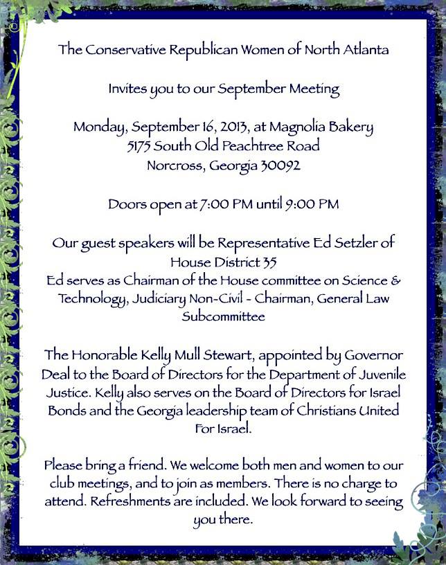 Conservative Republican Women of North Atlanta: September 2013 Meeting ...