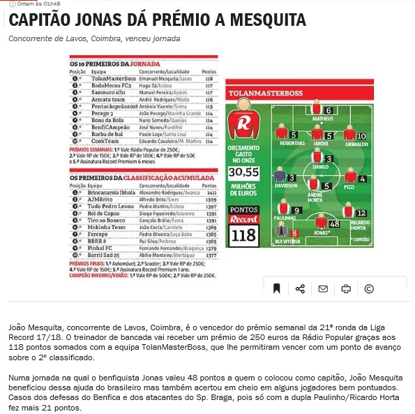 Liga Atlântica: Equipa vencedora 25ªJornada