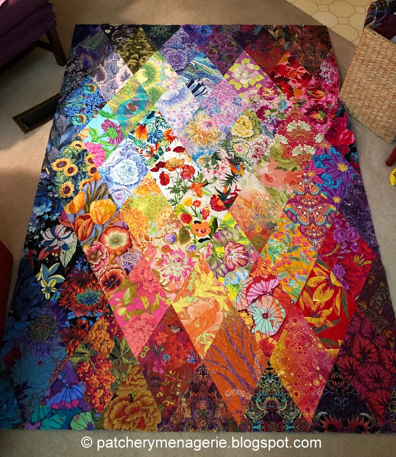 The Patchery Menagerie: Big Scrappy Diamonds Quilt - Magic Carpet!
