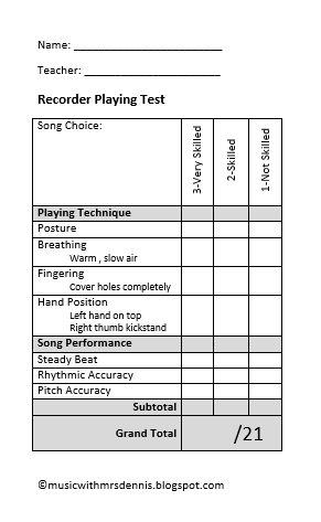 Music with Mrs. Dennis: Recorder Playing Tests