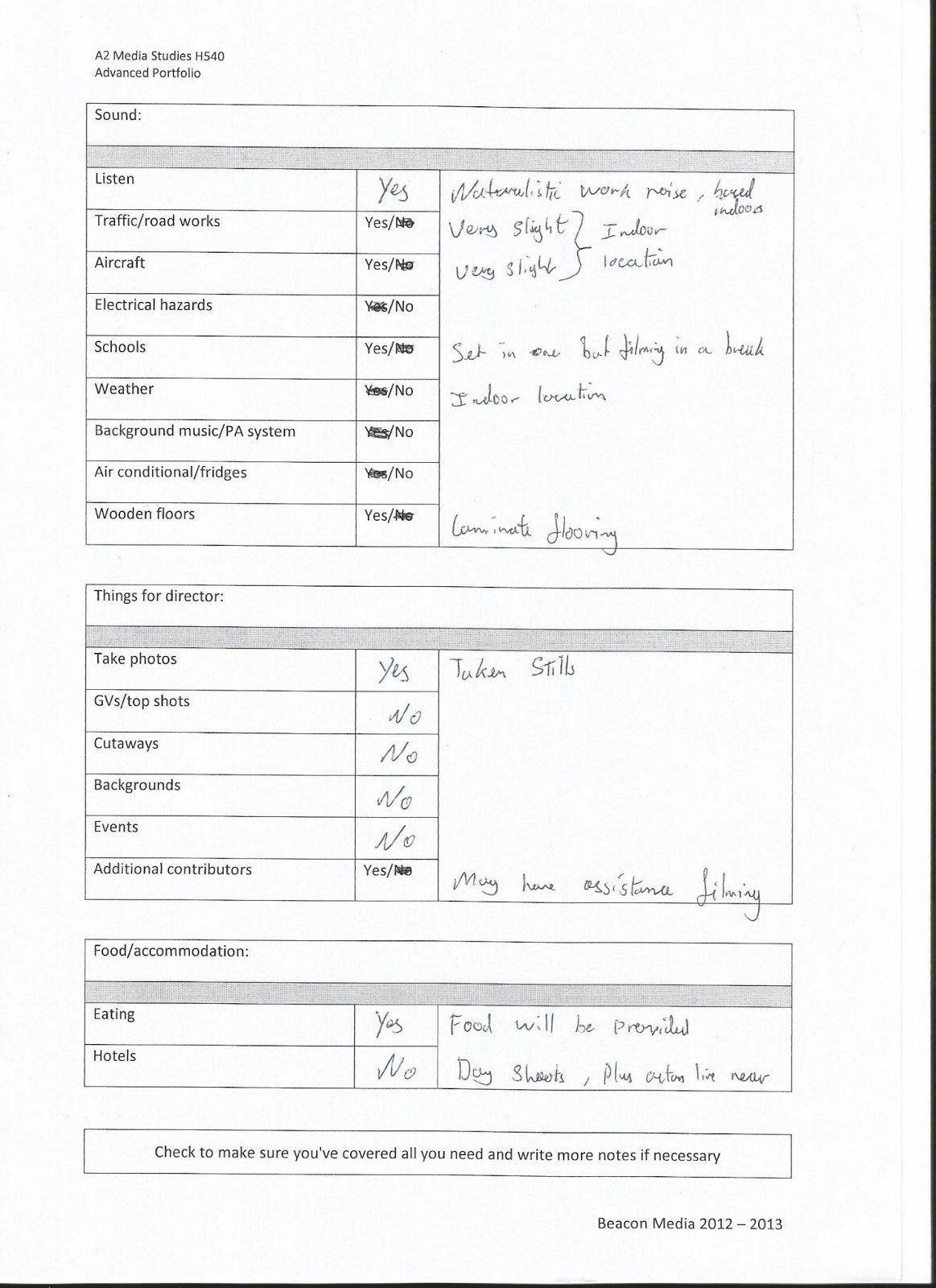 Pre-Production - Recce Checklist ~ Joe Cross A2 Media Studies