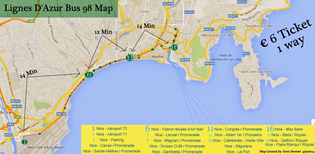 St.Travels: Lifesaving Map of Nice Airport to Nice Center Bus 98