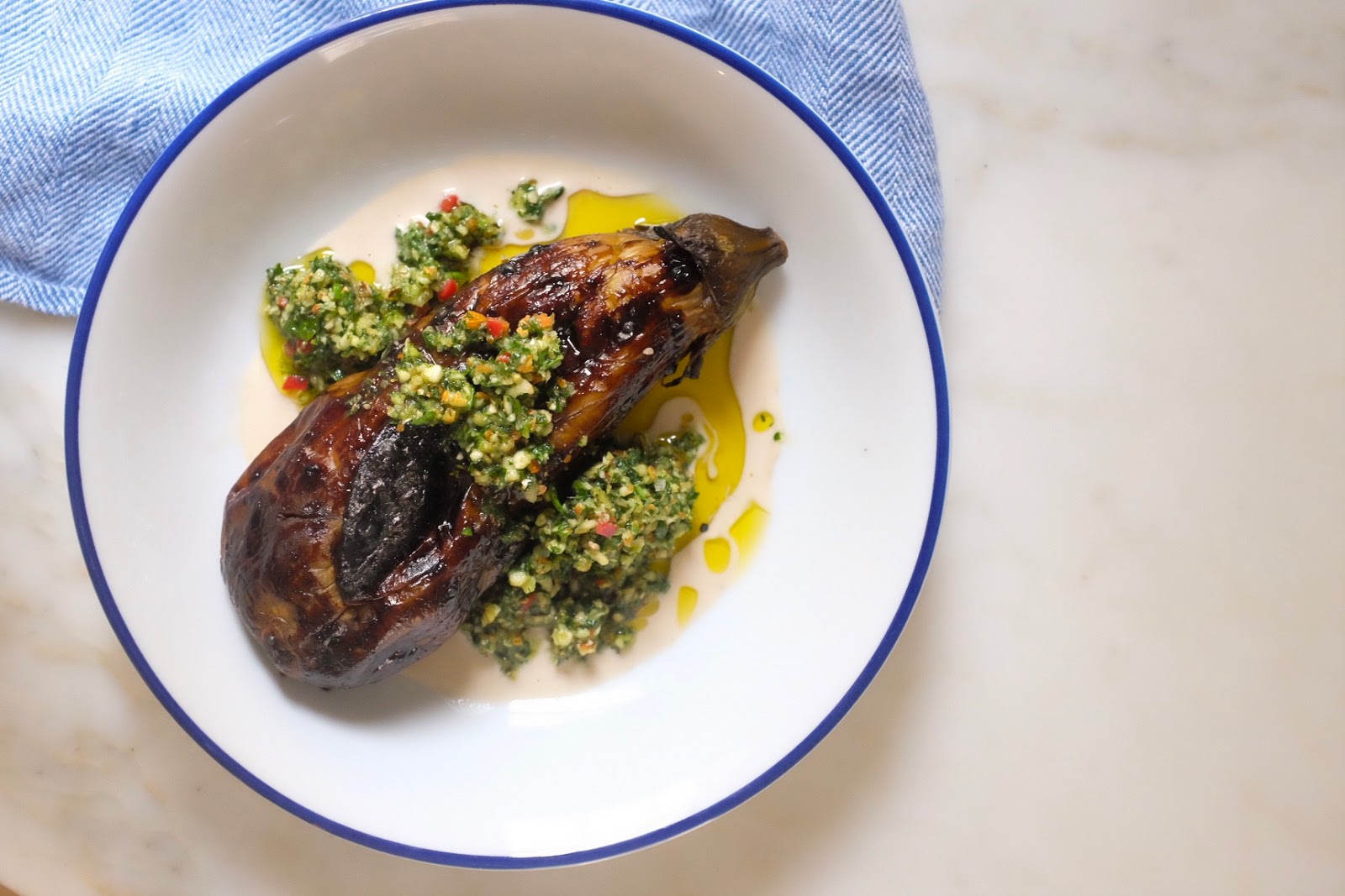 Tamarind Burnt Eggplant with Sweet Tahina and Almond and Chilli Gremolata