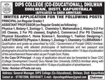 DIPS College, Kapurthala, Wanted Assistant Professor Plus Principal ...