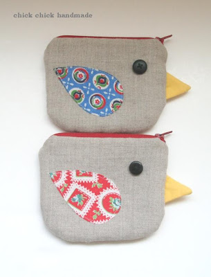 chick chick sewing: Feedsack and linen bird coin purse
