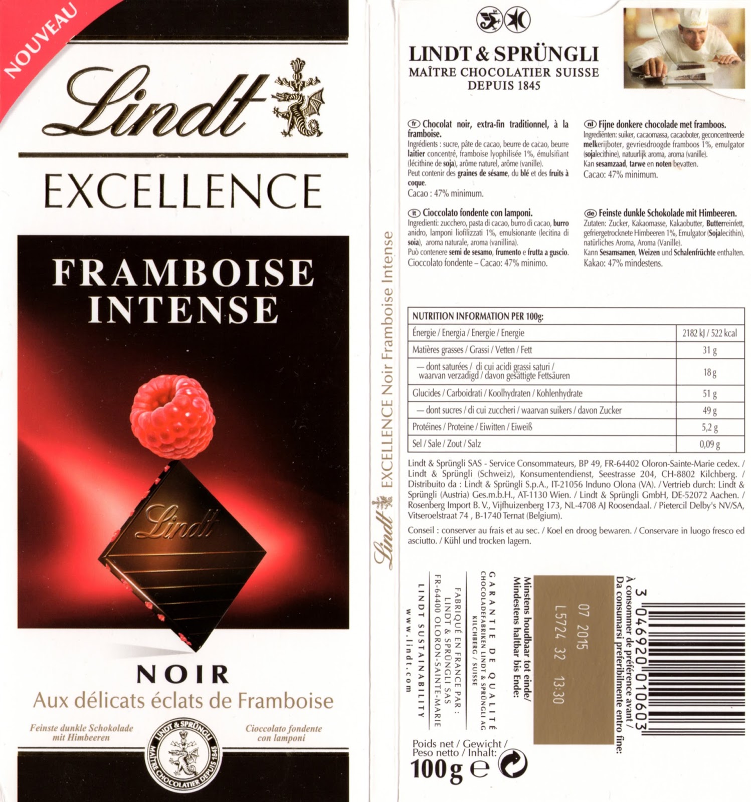 Lindt Excellence Framboise Intense Noir ~ Tablette de Choc