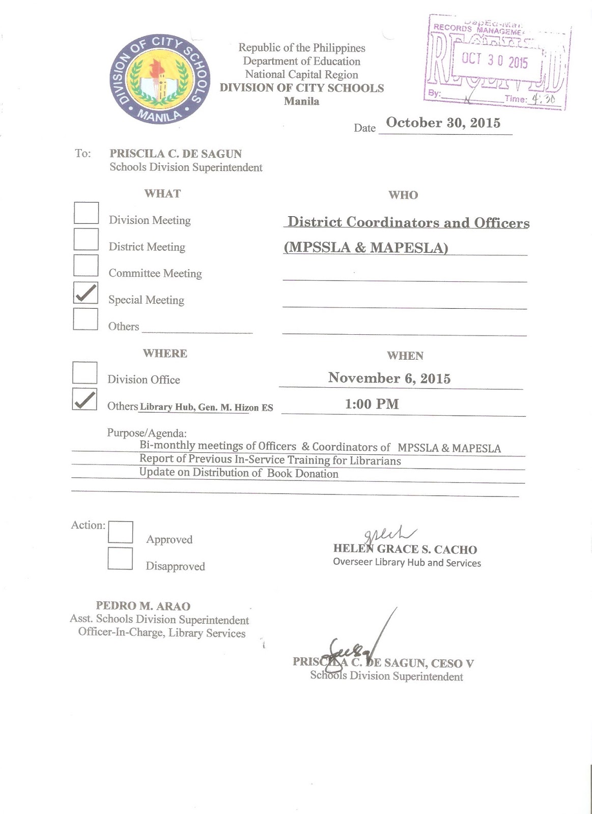 LIBRARY HUB-DEPED MANILA: MEMO