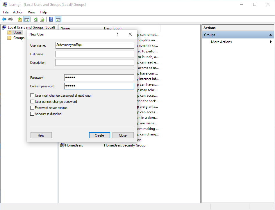 Firstly open start menu and type 'lusrmgr.msc', and create a user on ...