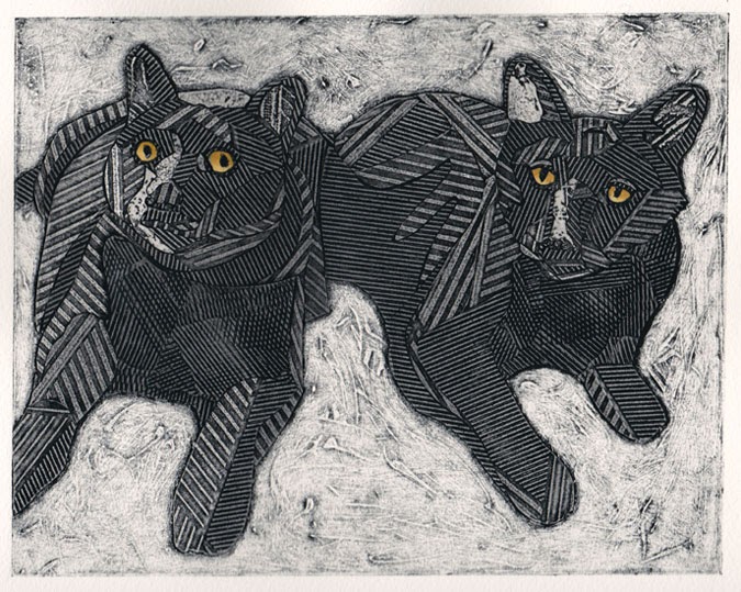 Bonnie Murray Prints: Macy and Taz (Original Collagraph of two black cats)