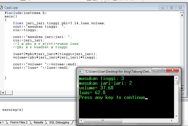 Belajar C++ yuuk..: Program menghitung luas dan volume tabung