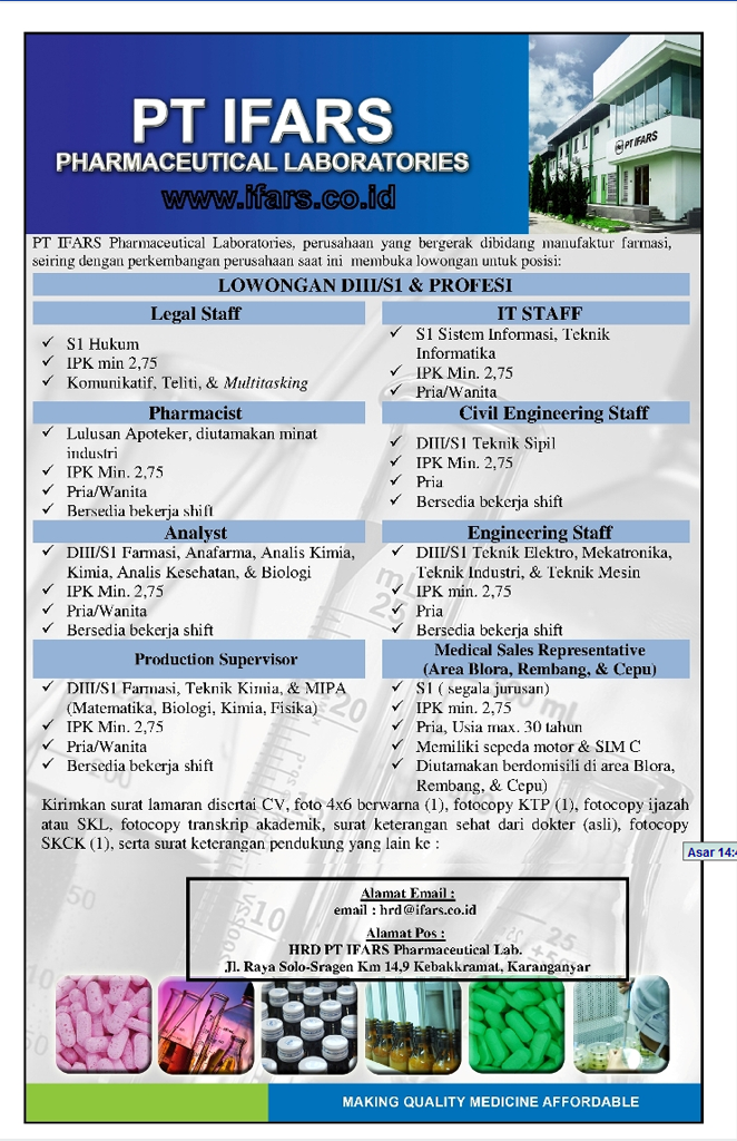 Lowongan Kerja PT IFARS PHARMACEUTICAL LABORATORIES