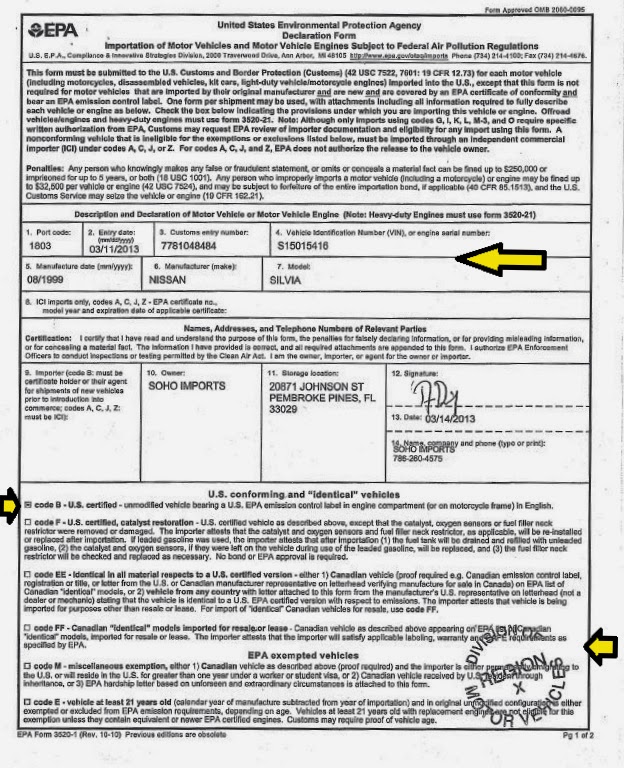 Forged Entry Documents From SOHO Imports in Florida on a Nissan Silvia ...