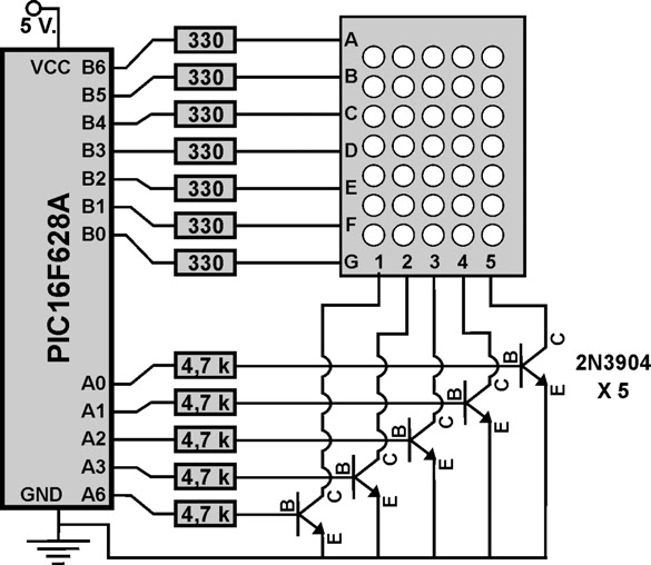 PICBASIC y MICROCONTROLADORES: MATRIZ DE LEDS 7X5