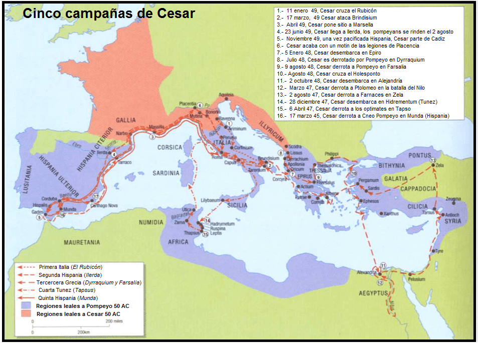 APASIONADOS DEL IMPERIO ROMANO: MAPA DE LAS CINCO CAMPAÑAS DE CÉSAR