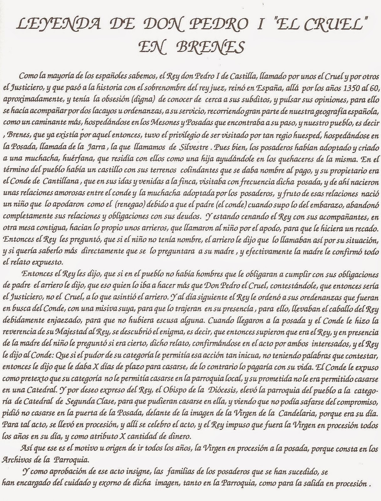 BRENES EN LA MEMORIA: LEYENDA DE DON PEDRO I EL CRUEL EN BRENES