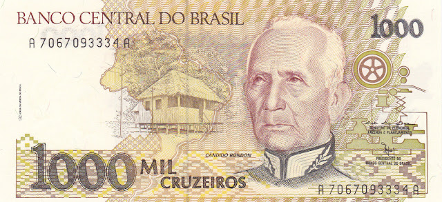 Brazil 1000 Cruzeiros banknote 1991 Candido Rondon|World Banknotes ...