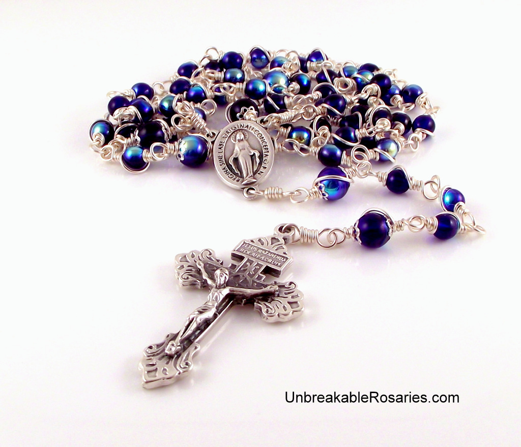 Unbreakable Rosaries: Virgin Mary Rosary Beads In Cobalt Blue AB Czech ...