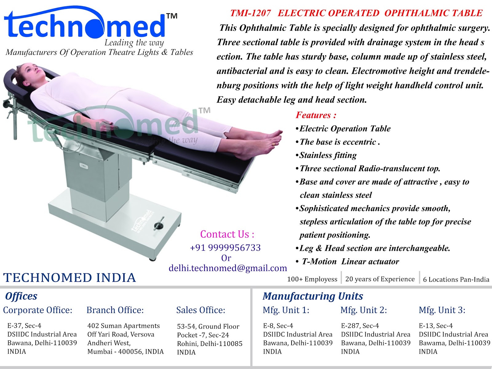 TECHNOMED INDIA: Electric Operated Ophthalmic OT Table