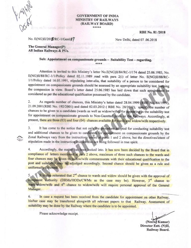 Appointment On Compassionate Grounds Suitability Test Railway Order appointment-on-compassionate-grounds-suitability-test-railway-order
