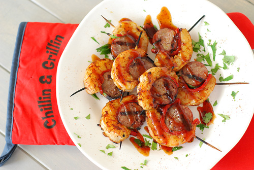 Shrimp and Bratwurst Mini Skewer Appetizers