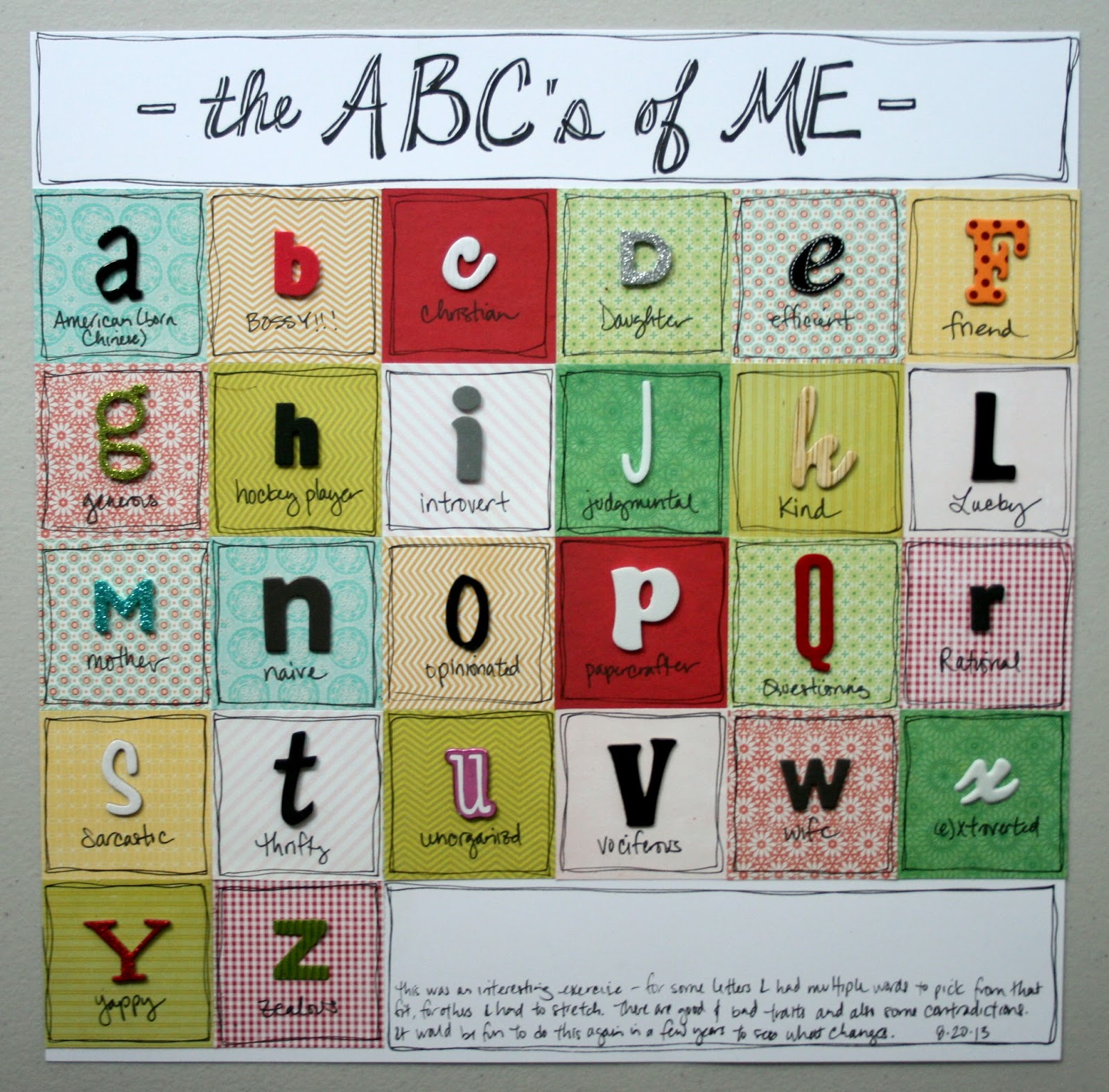Sooner rather than Later: The ABC's of Me - Scrapbook Circle Challenge #58