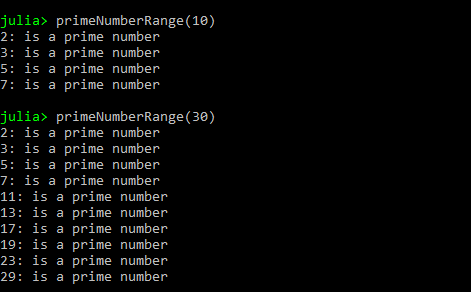 Julia Tutorial For Beginners program to print range of prime number