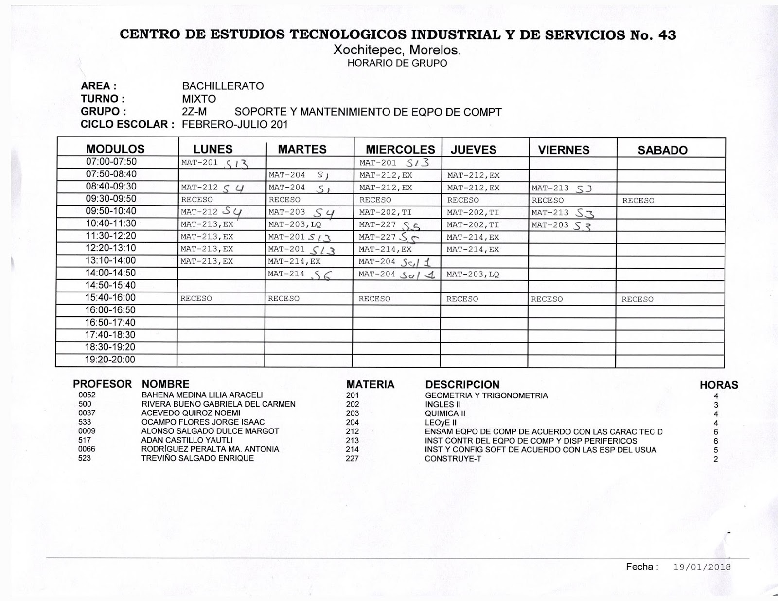 CETis 43 : HORARIOS 2do SEMESTRES