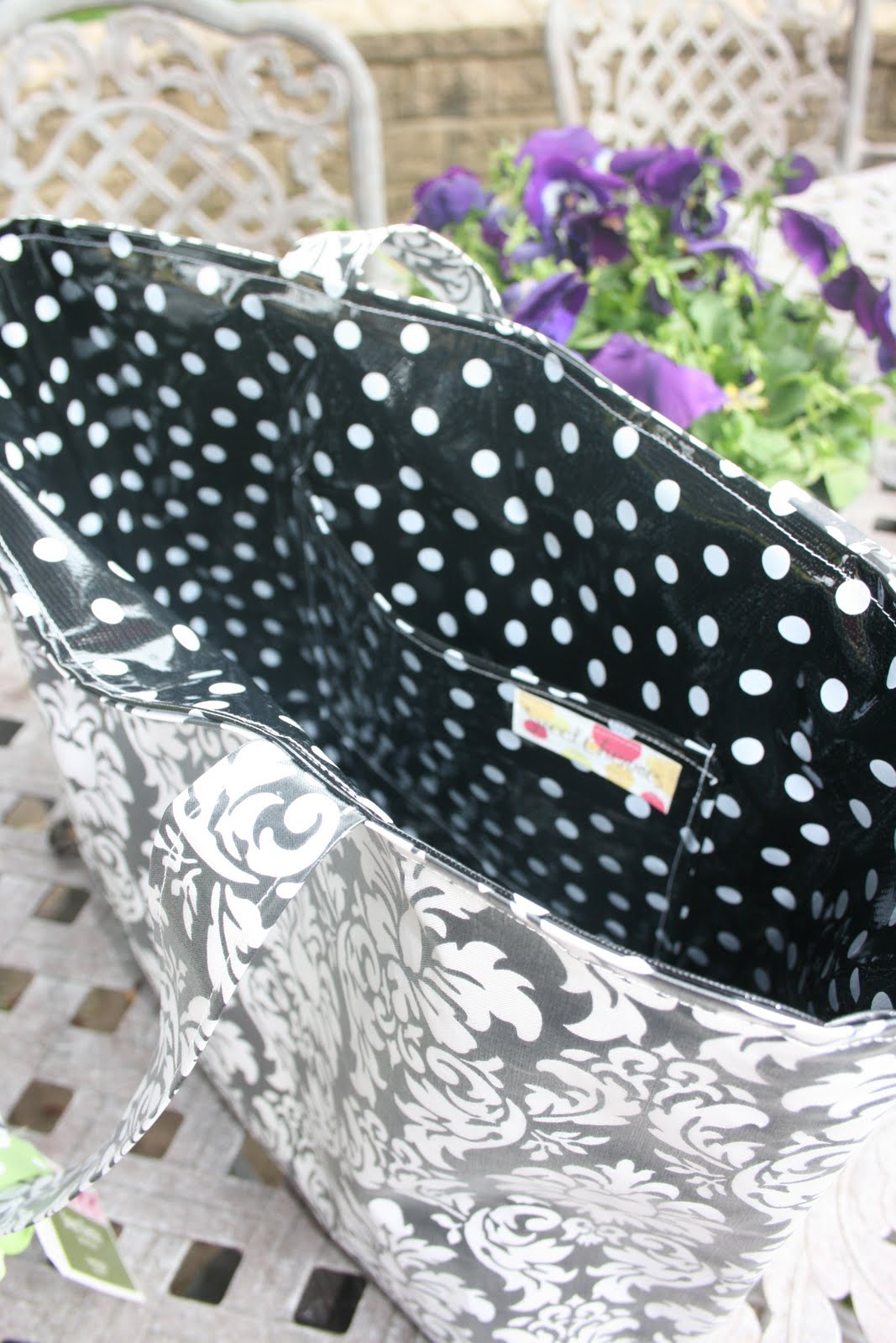 Sweet Cherries: Black Damask Vinyl/Oil Cloth Bag