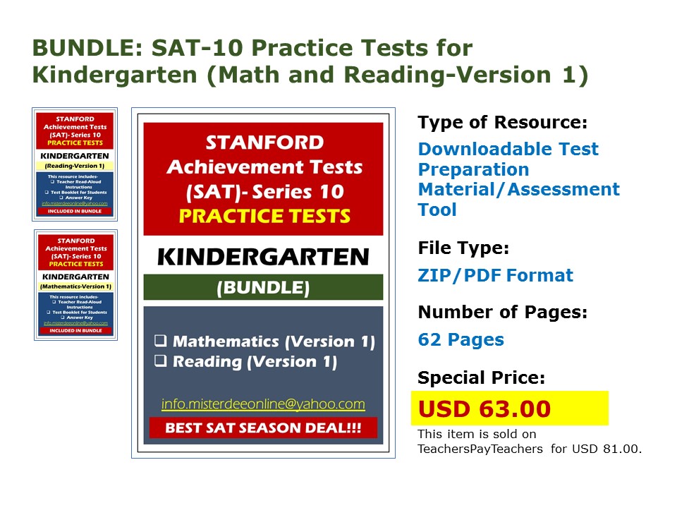 ONLINE SAT-10 Practice Tests for KG, Grade 1, and Grade 2: BUNDLE: SAT ...