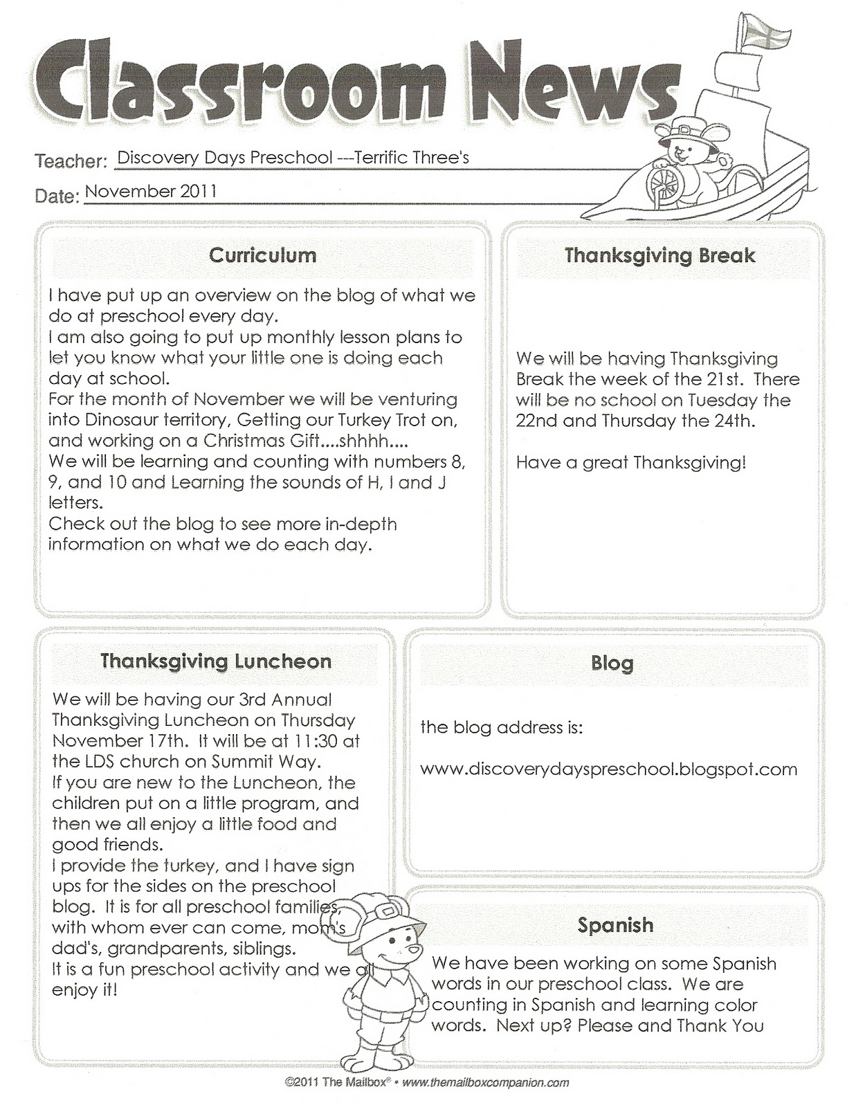 Discovery Days Preschool: November Calendar and Newsletter