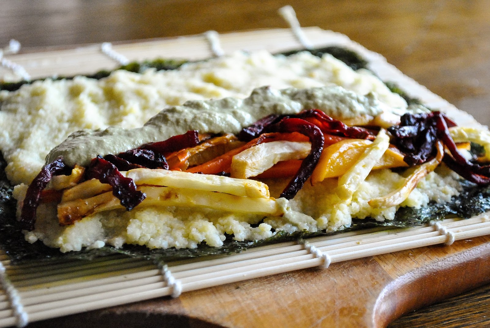 Vegan millet sushi with roasted root vegetables and broccoli cream ...