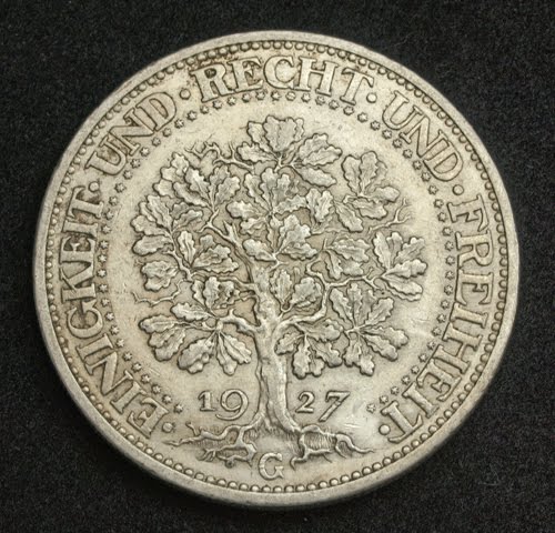 German coins 5 Reichsmark Silver coin Oak Tree, Weimar Republic 1927 ...