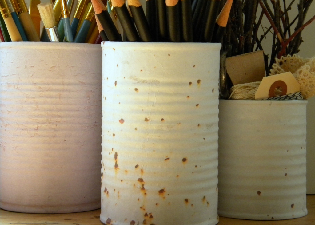 homework: Upcycling: white faux rust tin cans