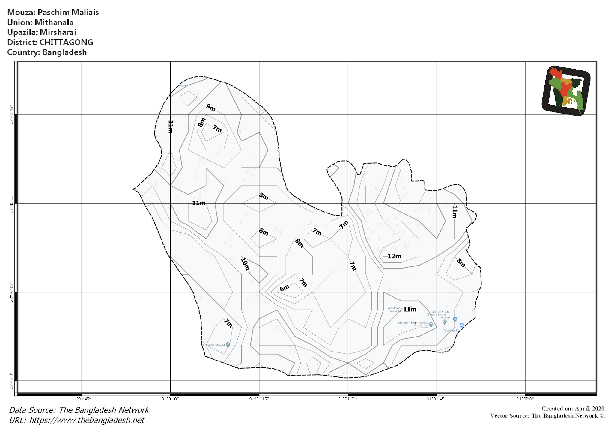 Map of Paschim Maliais Mouza, Mirsharai, Chittagong