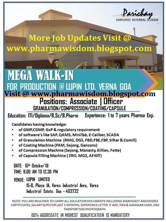 LUPIN LIMITED - Mega Walk-In Interviews on 15th October, 2018 - PHARMA ...