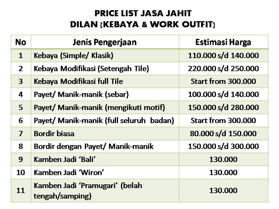 Price List - Inspirasi Kebaya dan Baju Kerja