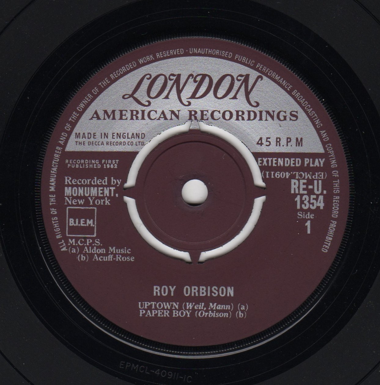 WOLFEES GRAMOPHONE: "UPTOWN" ROY ORBISON LONDON EP RE-U 1354 P.1962 UK