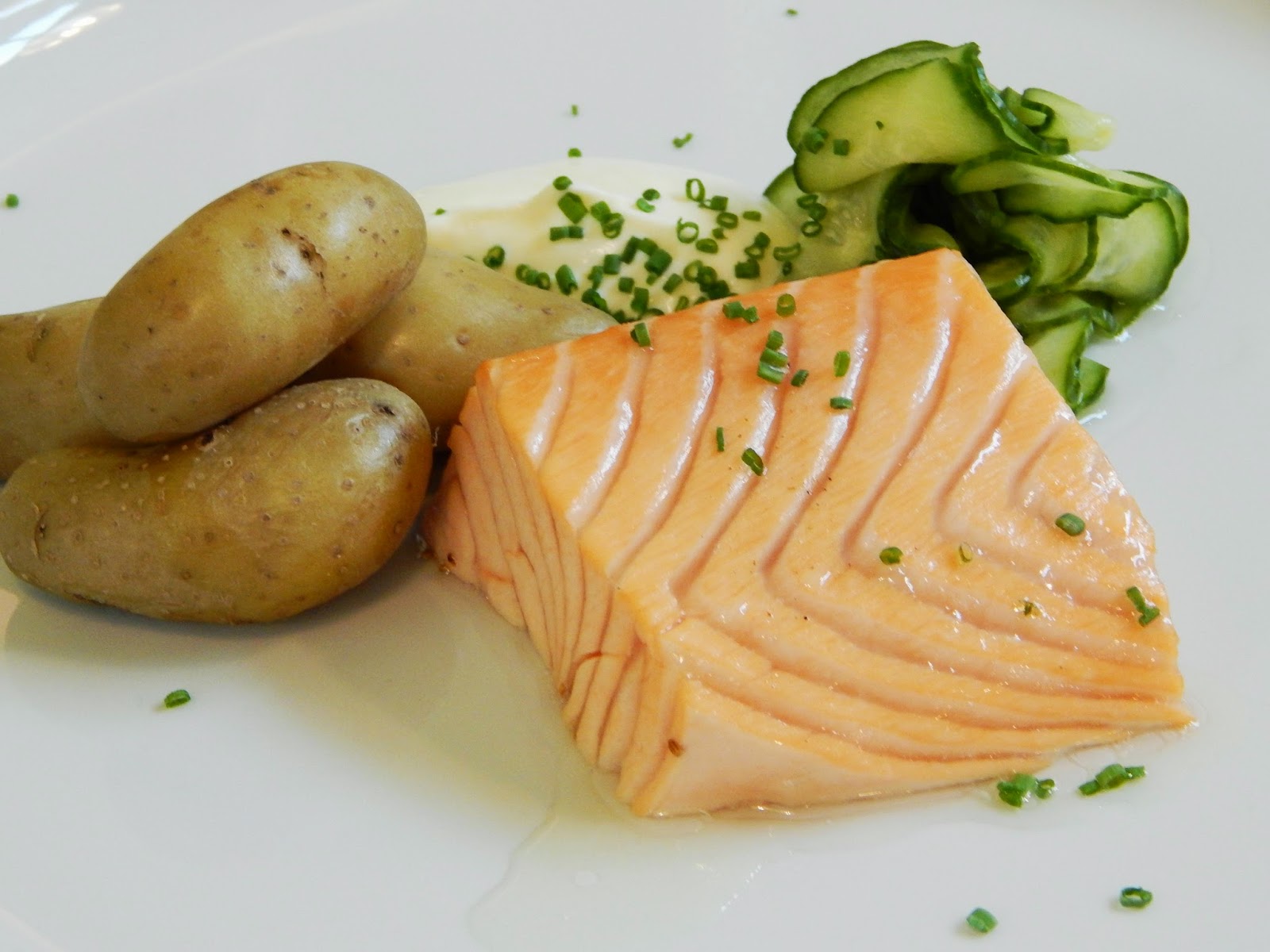 Poached Norwegian Salmon, Cucumber Salad, Small Potatoes and Butter ...