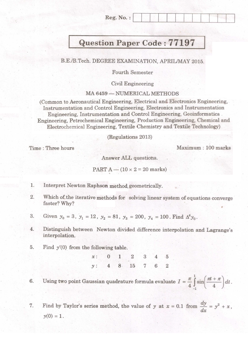 MA6459 Numerical Methods April May 2015 Question Paper - University ...