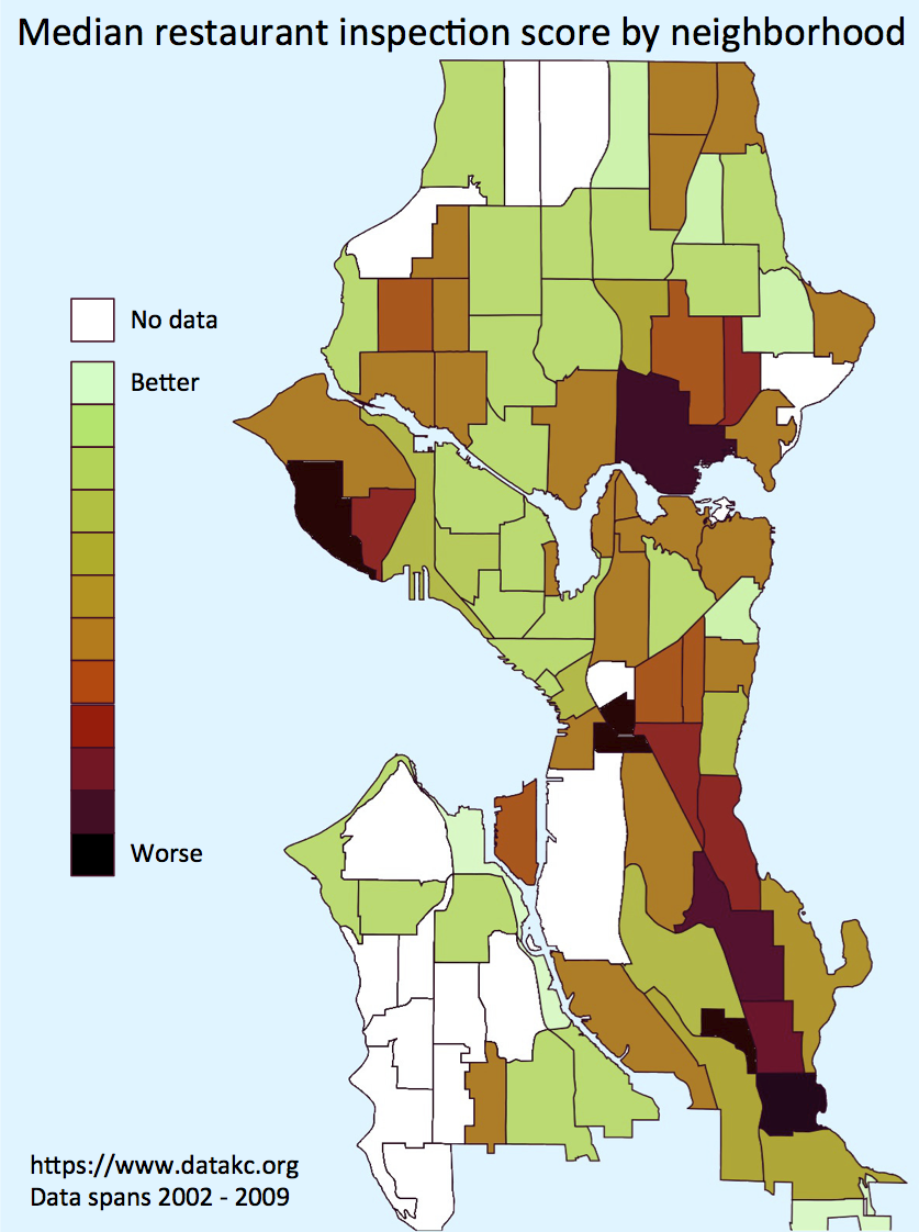 Map of the median restaurant health/safety inspection scores for every ...