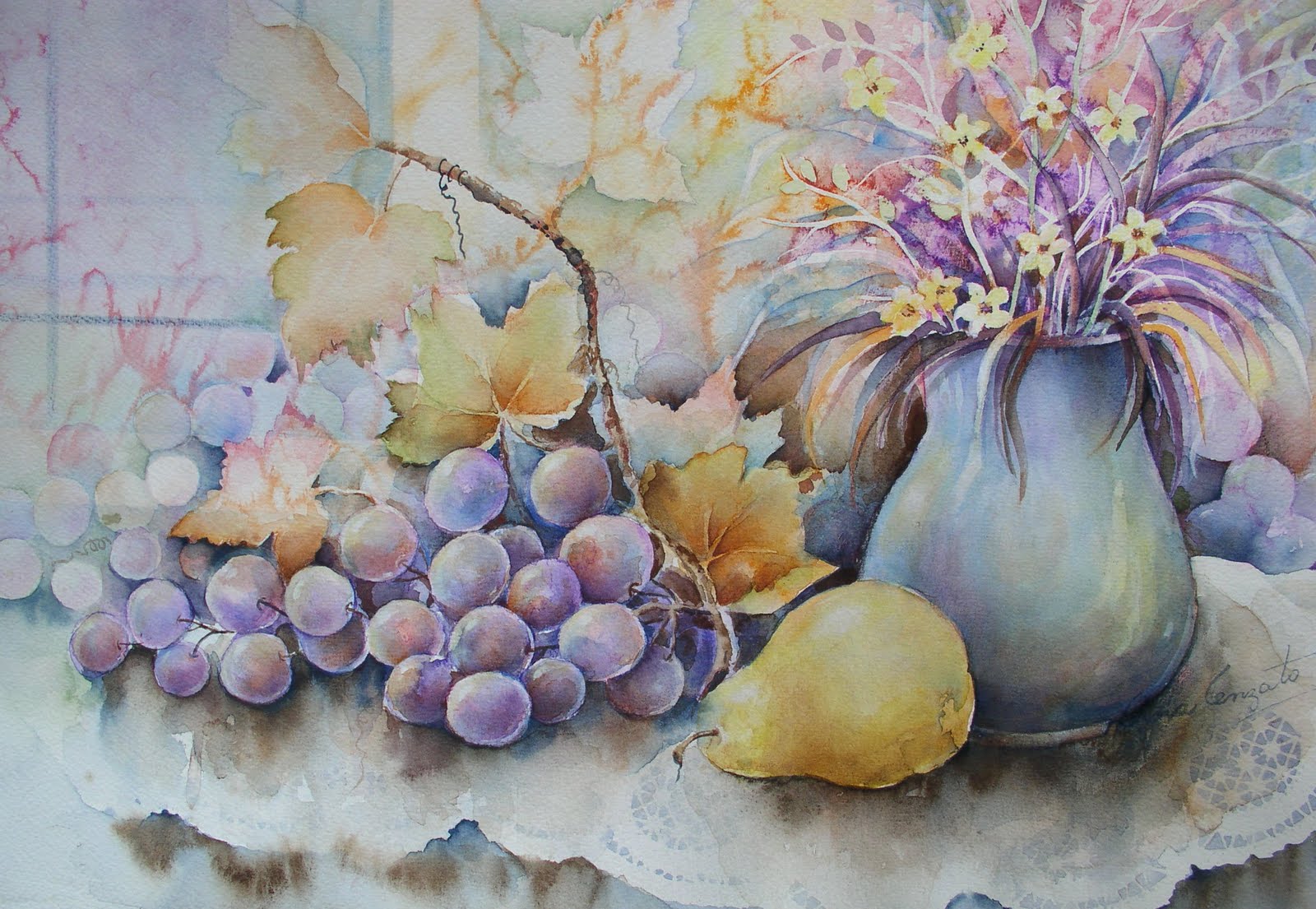 ACUARELAS DE ANA CENZATO: BODEGON CON FLORES Y FRUTAS