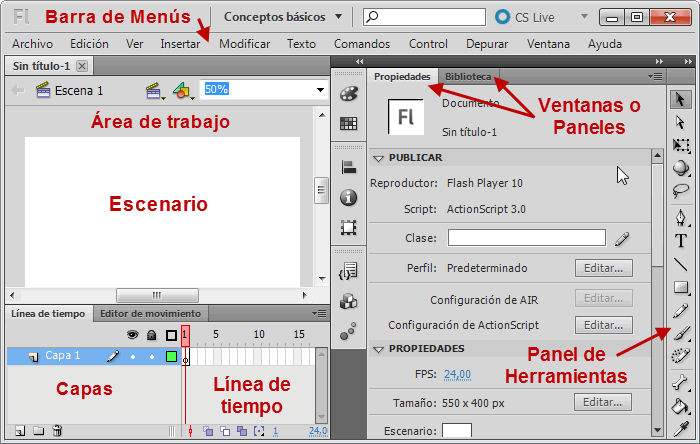 Produccion de animaciones: practica4-VENTANA PRINCIPAL DE ADOBE FLASH