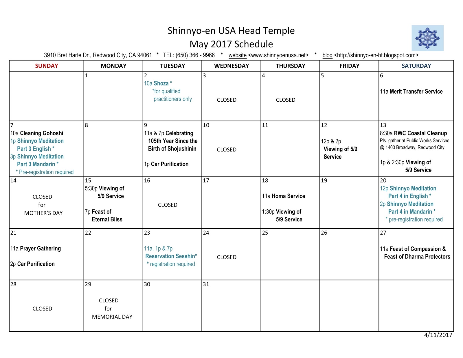 Shinnyo-en USA Head Temple : SCHEDULE UPDATES: MAY 2017 SCHEDULE