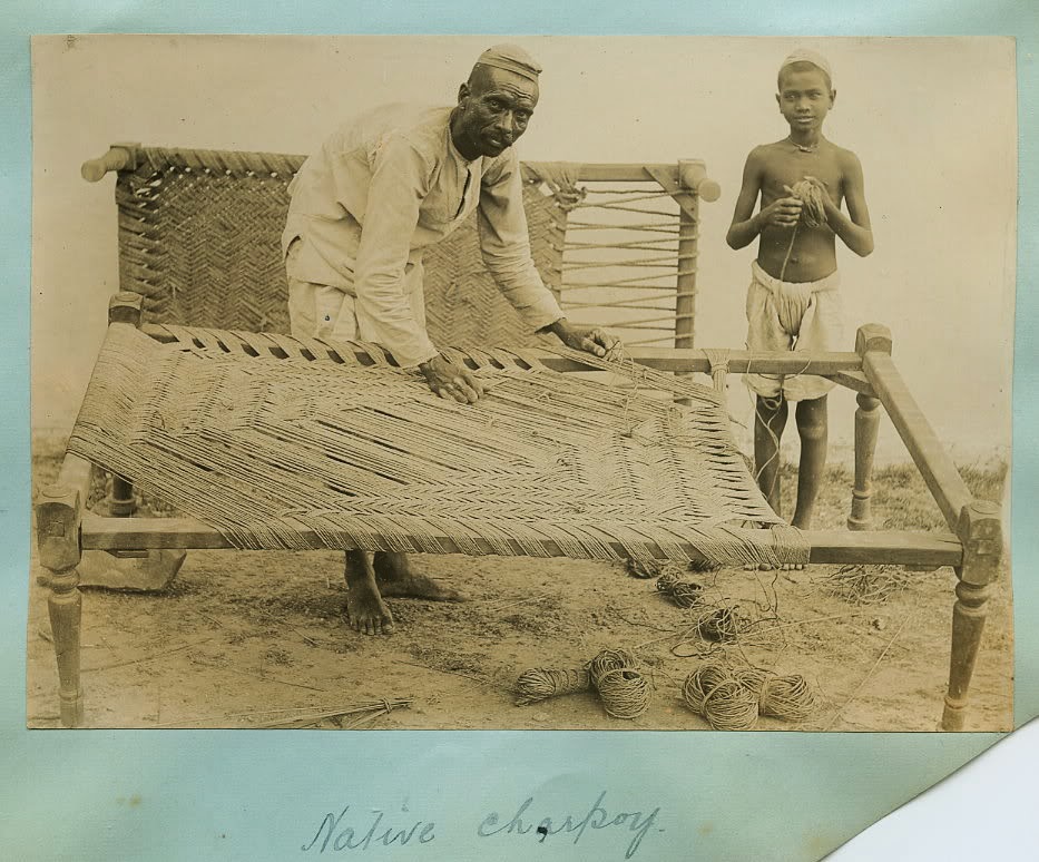 Charpoy (Indian Bed) being Strung or Restrung - c1900 - Old Indian Photos